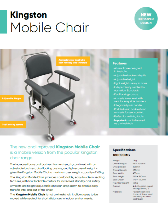 Kingston Mobile Chair with Dropside Arms - Grey - Hospital at Home